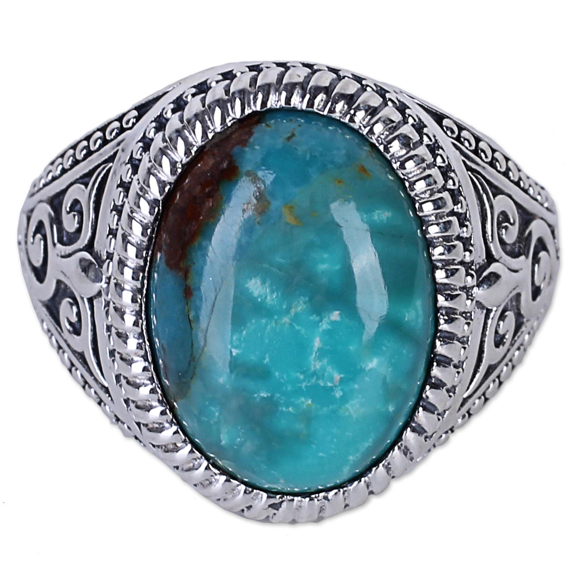NOVICA Artisan Handmade Sterling Silver Singlestone Ring Cocktail with Reconstituted Turquoise Blue India [crownbezel 0.8 in L x 0.7 in W x 0.3 in H Band Width 4 mm W] ' Radiant Blue Beauty'