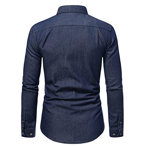Mens Designer Jeans Shirt Vintage Long Sleeve Soft Cotton Two Pockets Denim Shirts C214-Light Blue XL