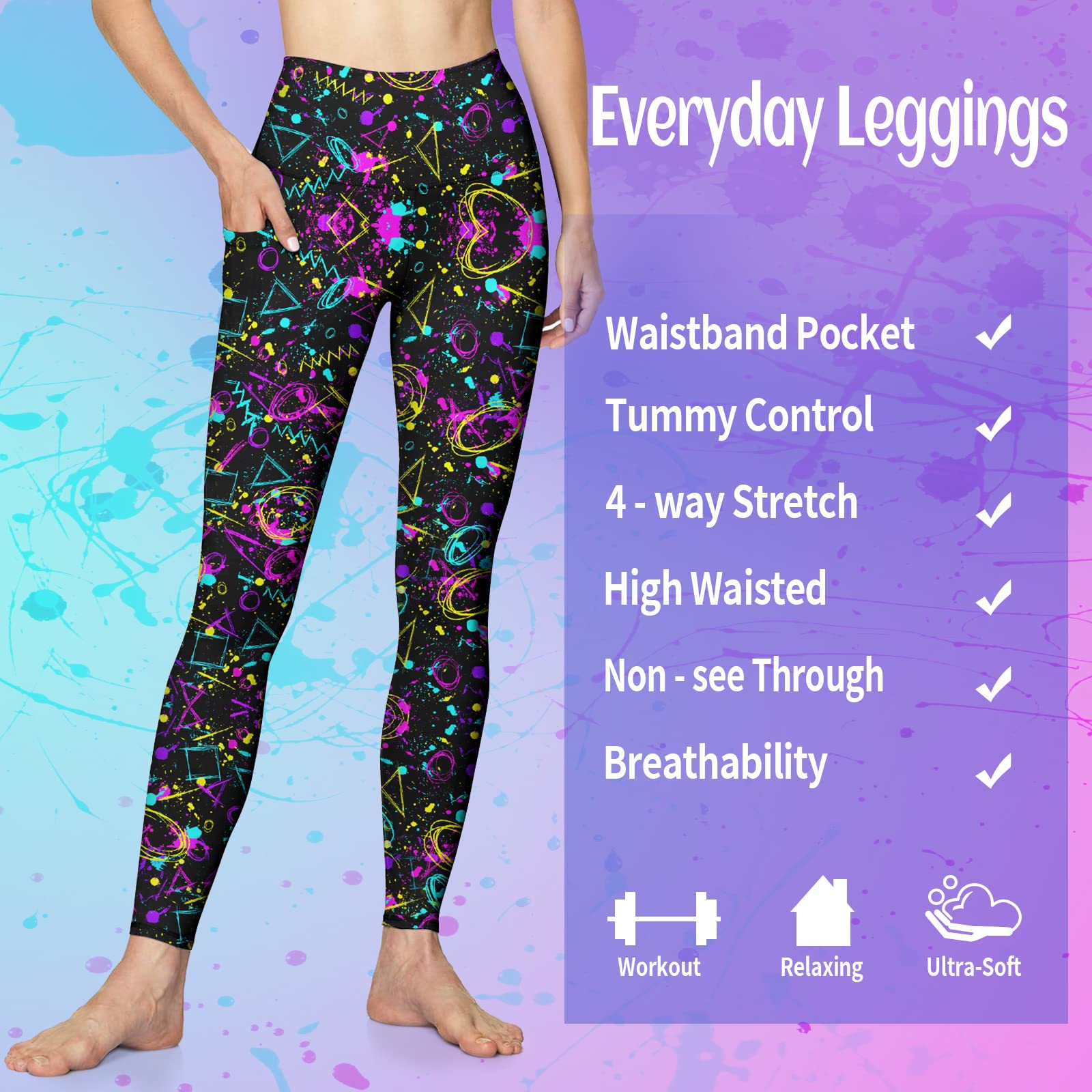 SKYNORA Women's Retro 80s High Waisted Tummy Control Neno Vintage 90s Workout Running Yoga Pocket Pants, Dinosaur, X-Large