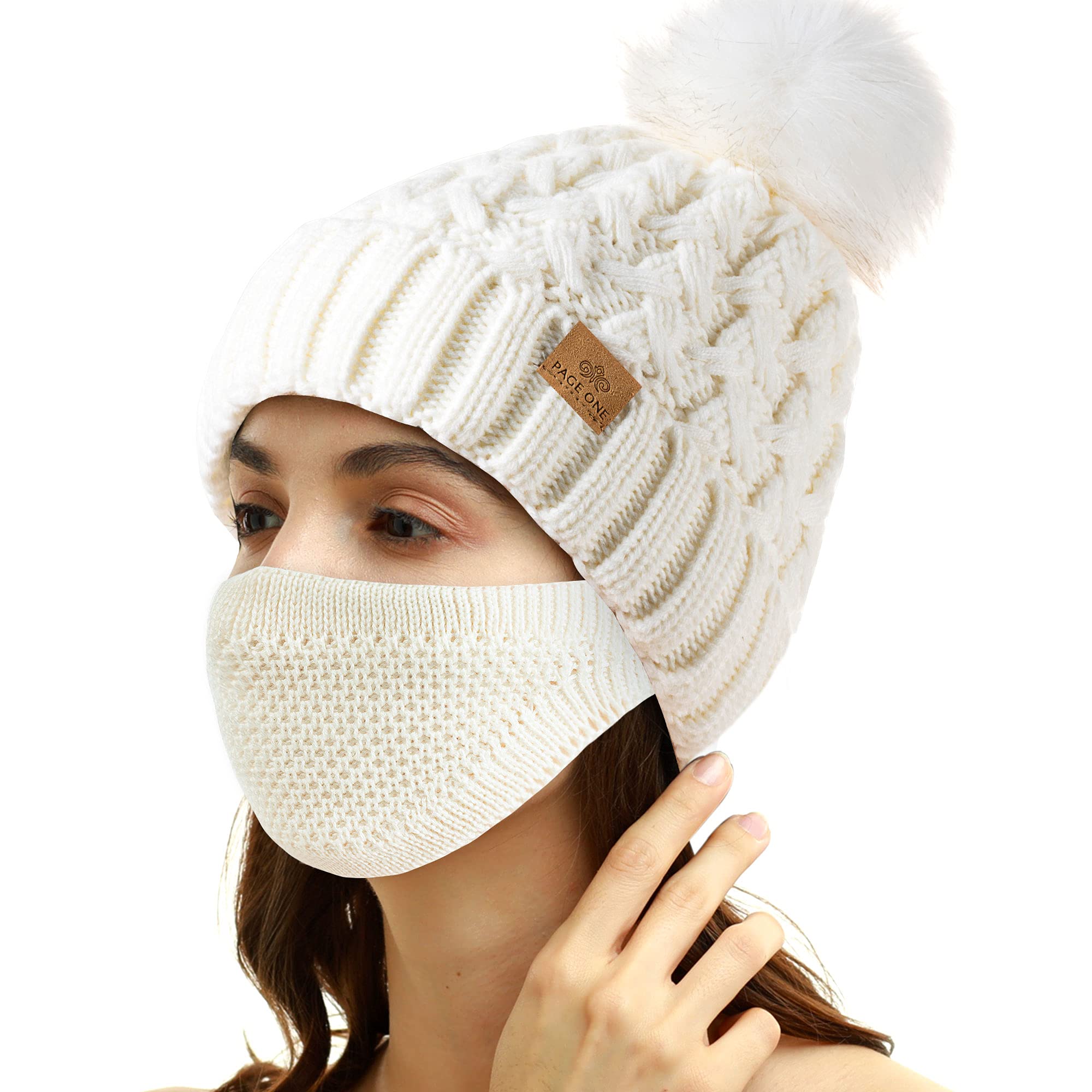 PAGE ONE Womens Winter Ribbed Beanie Crossed Cap Chunky Cable Knit Pompom Soft Warm Hat