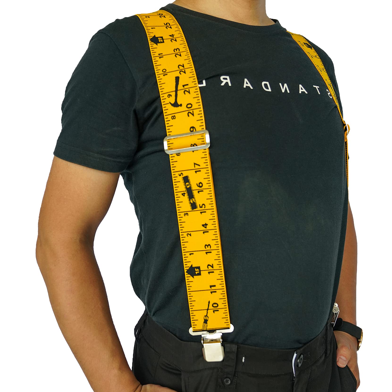 Mens Suspenders 2" Wide Adjustable and Elastic Braces X Shape with Very Strong Clips - Heavy Duty tape measure suspenders for men (Rule)