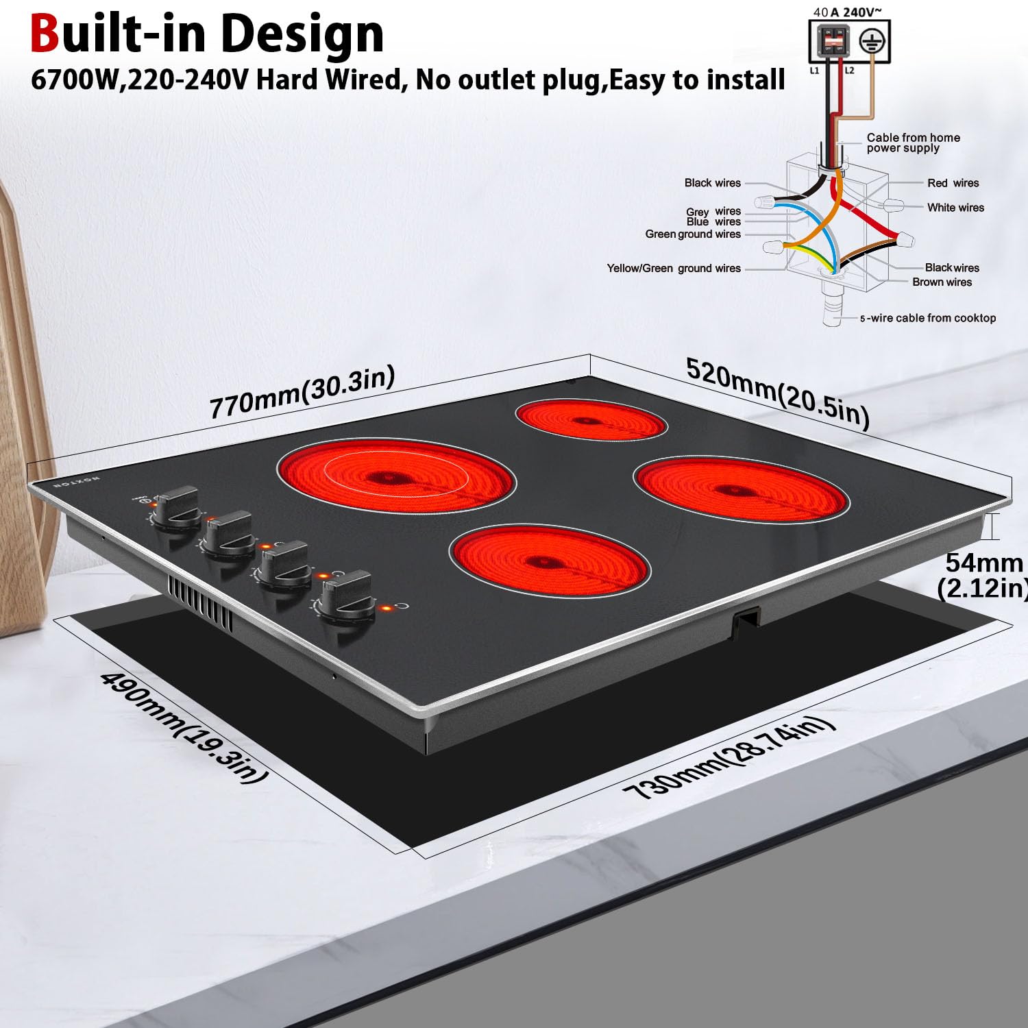 Noxton 30 Inch 4 Burners Electric Cooktop, Built-in 30" Radiant Electric Ceramic Stove Top with Glass Protection Metal Frame,Knob Control, Hot Surface Indicator, 220-240v, No Plug, Hard Wire