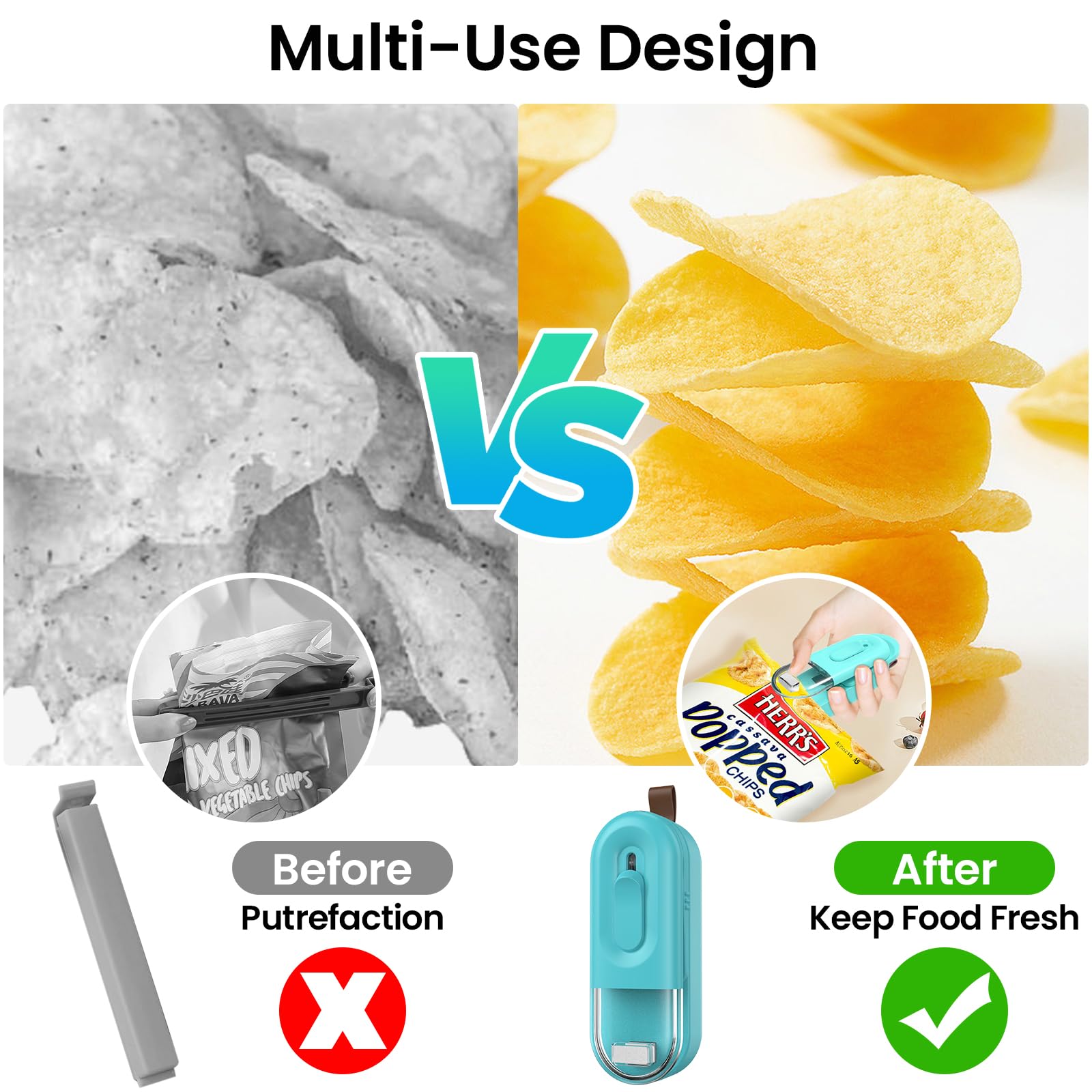 Mini Bag Sealer, Handheld Heat Vacuum Sealer, 2 in 1 Heat Sealer with Cutter and Lanyard for Chips Plastic Bags Food Storage and Snacks Keep Fresh Portable Re-sealer.
