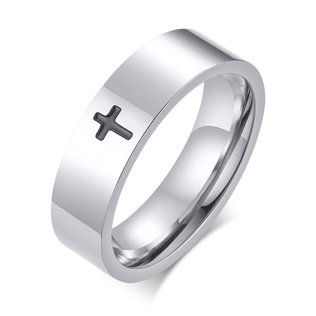 MZZJ Free Personalized Engraved Religious Jewelry Christian Cross Stamped Faith Bible Verse Scripture Minimalist High Polish 6MM Stainless Steel Inspirational Prayer Ring for Men Women,Size 5