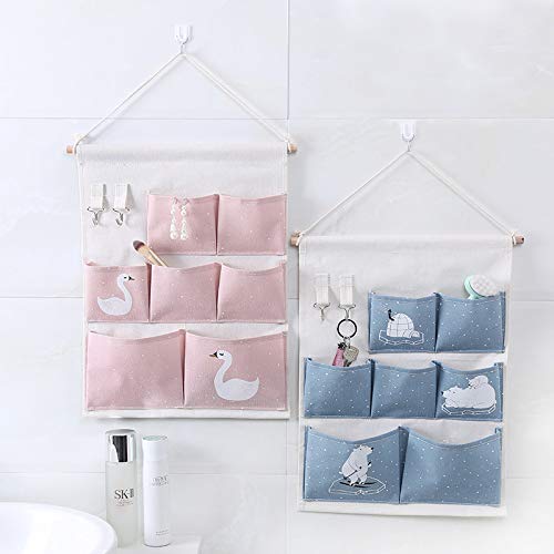 Over The Door Magzine Storage Pockets, Cotton and Linen Waterproof Closet Storage Hanging Bag Organizer (7-Pocket, Pink)
