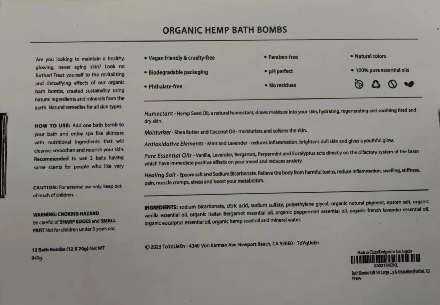 MU Home Organic Bath Bombs Gift Set Large Hemp Bubble Spa Fizzies with Shea Butter, Hemp and Essential Oils (Herbal, 12)