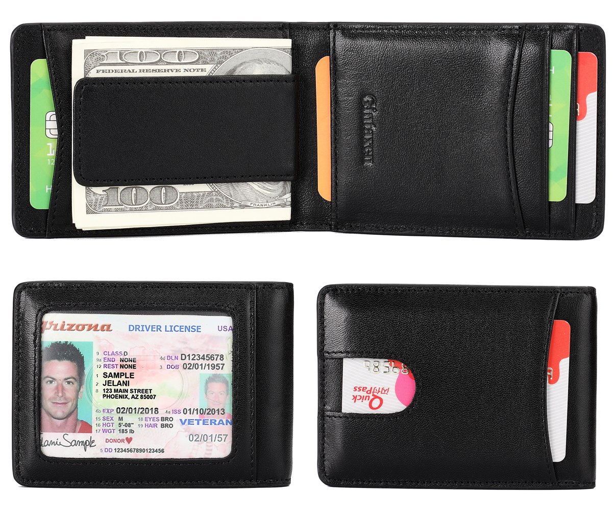 Mens Wallet Slim Genuine Leather Front Pocket Wallet for Men Billfold with ID Window Magnetic Money Clip Quick Access Slot and RFID Blocking - Black