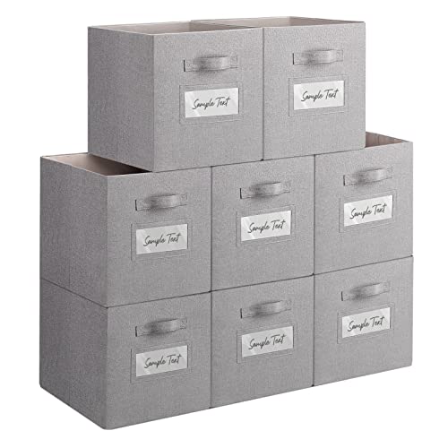 Posprica 13x13 Cube Storage Bins 8 pack, Collapsible Foldable Fabric Storage Boxes with Label Window, Storage Baskets Organizer with Dual Handles for Shelves, Clothes, Closet, Office, Bedroom, Grey