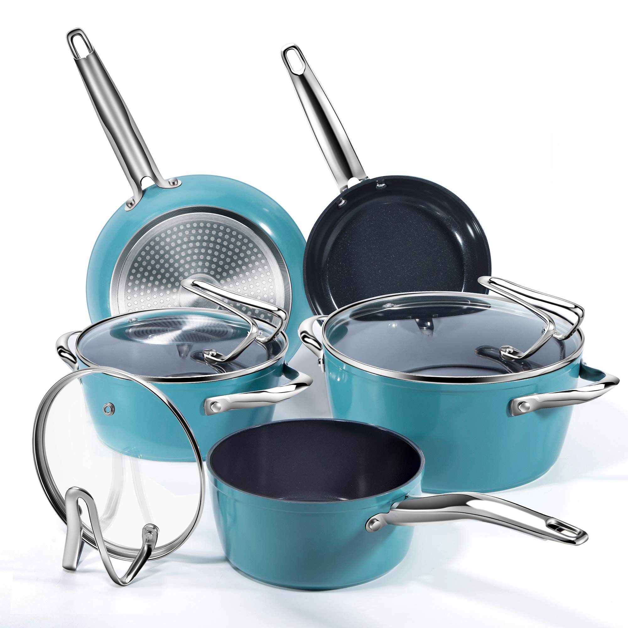 Nonstick Pot and Pan Cooking Set, REDMOND Kitchen Ceramic Cookware Set for Stovetops, Induction Cooktops, Dishwasher/Oven Safe, 8 Pieces, Blue