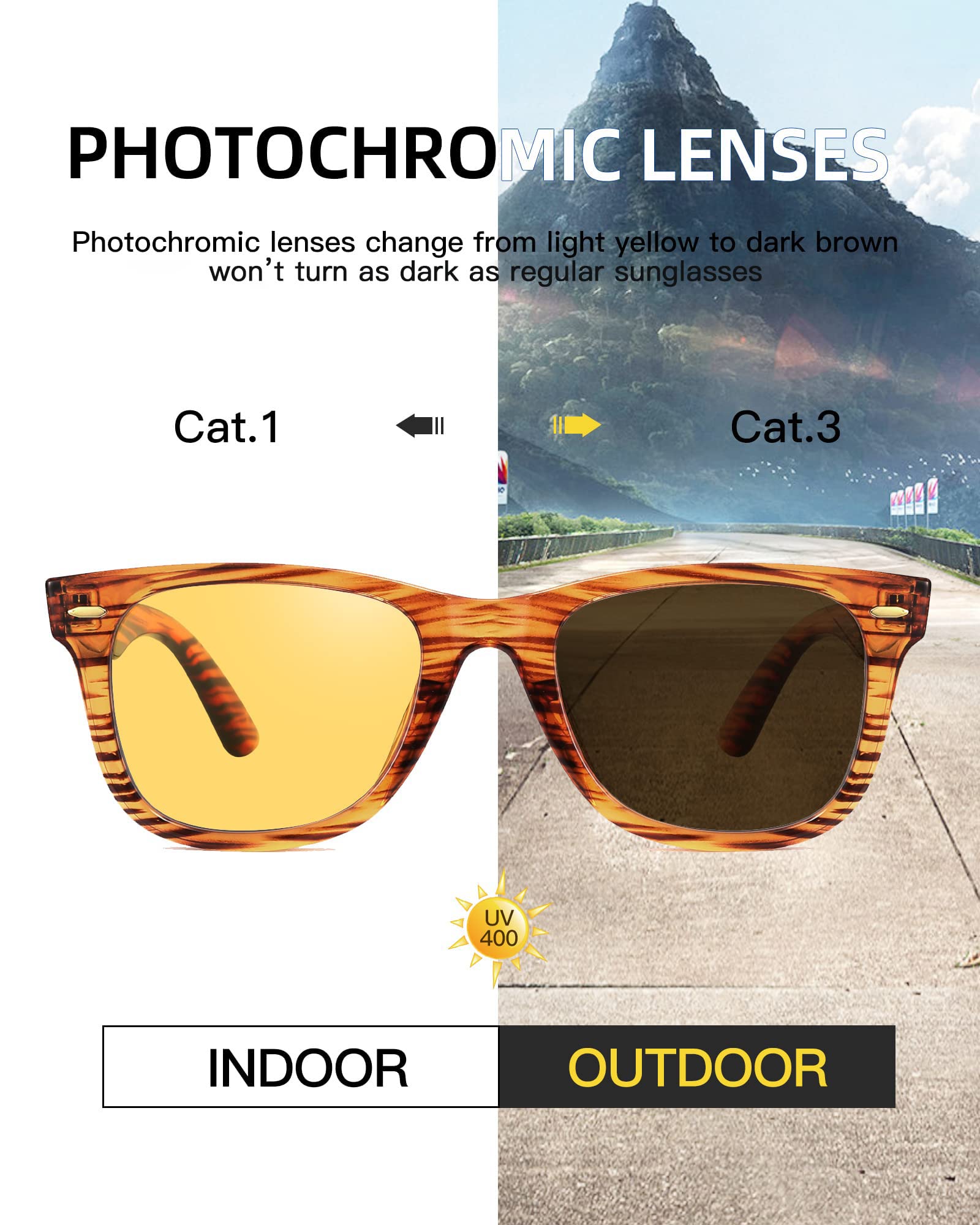 TJUTR Photochromic Sunglasses for Men Women, Polycarbonate Lens & AR Coating, UV400 Transition Blue Light Blocking Glasses