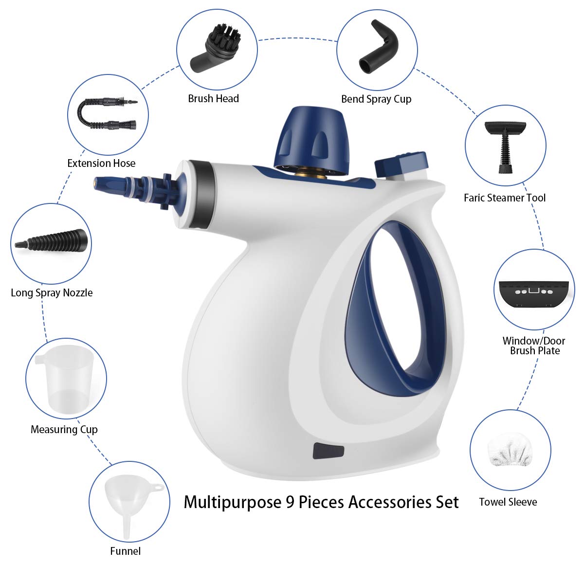 Multi-Purpose Handheld Pressurized Steam Cleaner, Chemical-Free Steam Cleaning with 9-Piece Accessories, Steam Cleaner for Stain Removal, Carpets, Curtains, Car Seats, Kitchen Surface & Much More