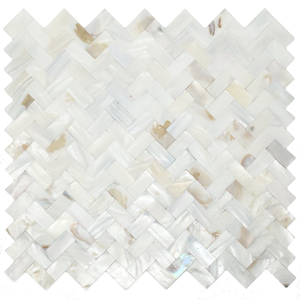 Mother of Pearl Oyster White Natural Sea Shell Seamless Herringbone Floor and Wall Tile for Kitchen Backsplashes, Bathroom Wall (5 Sheets)