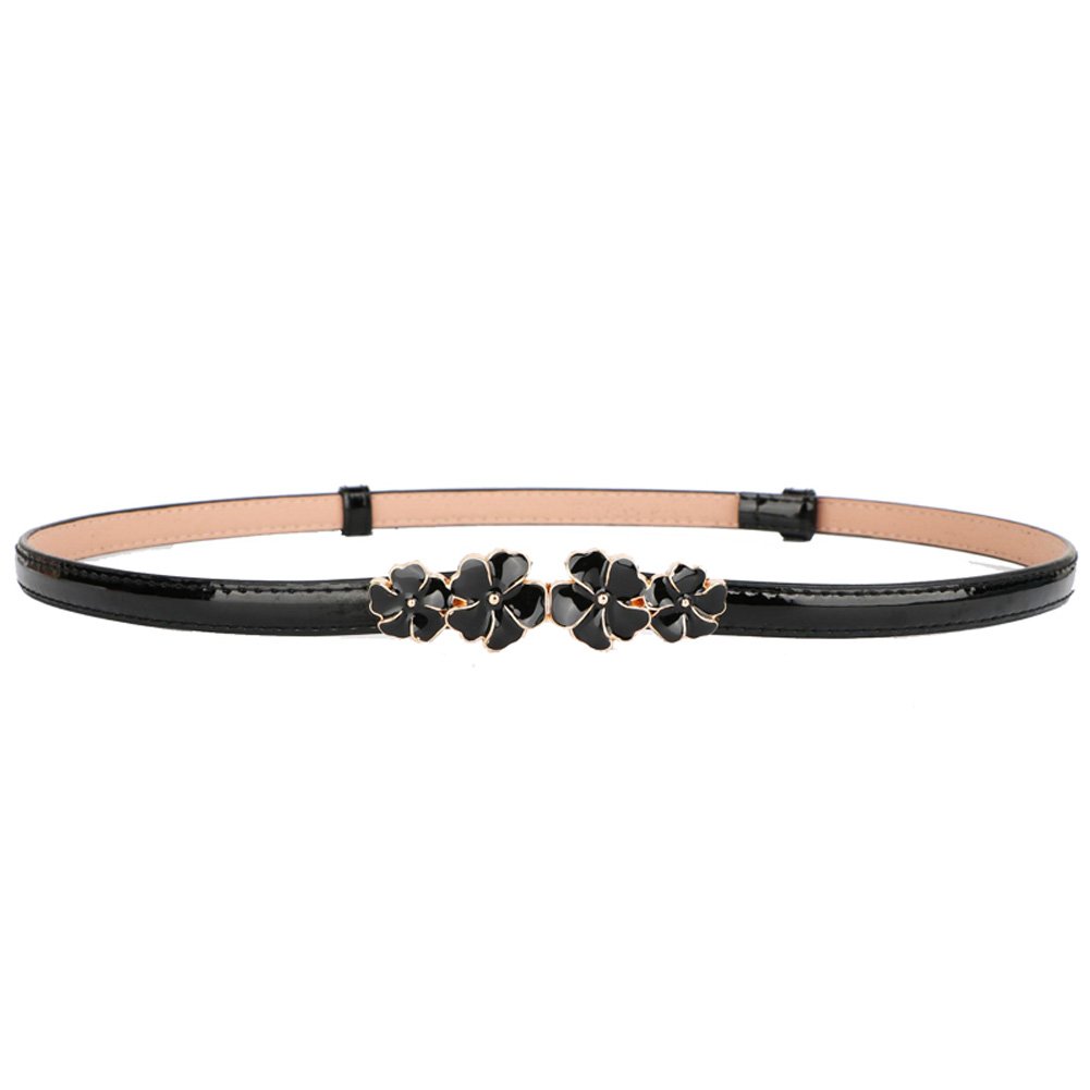 MoYoTo Women's Stylish Bowknot Buckle Thin Patent Leather Waist Belt For Dress (Flower-Black) One Size
