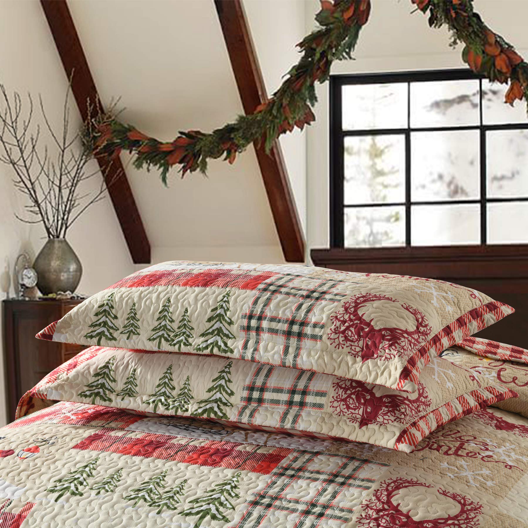 MarCielo 3 Piece Christmas Quilt Set, Rustic Lodge Deer Quilt Bedspread Throw Blanket Lightweight Bedspread Coverlet Comforter Set BY010 (King)