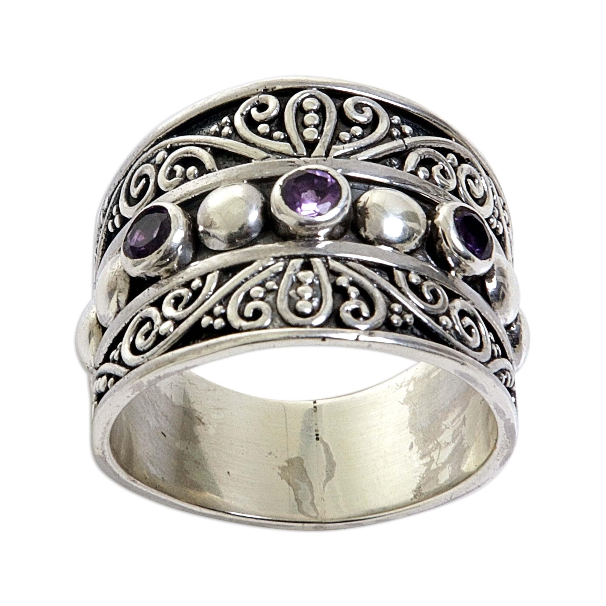 NOVICA Artisan Handmade Amethyst Band Ring .925 Sterling Silver Indonesia Birthstone Gemstone 'Lucky Trio'