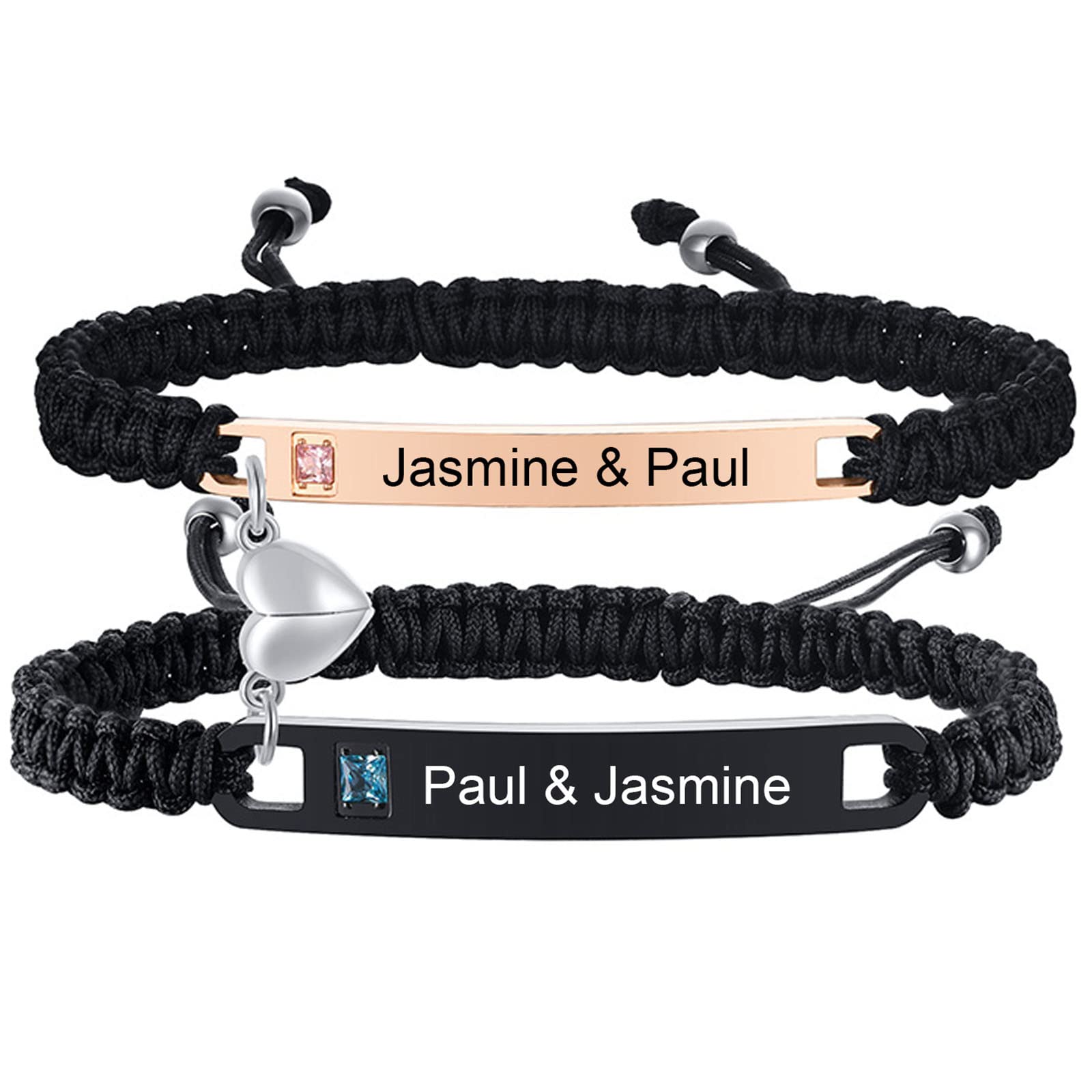Personalized Custom His and Hers Handmade Rope Braided Nameplate ID Matching Couple Bracelets for Lover (Black-rosegolden-black 5-7mm couple customize-heart)
