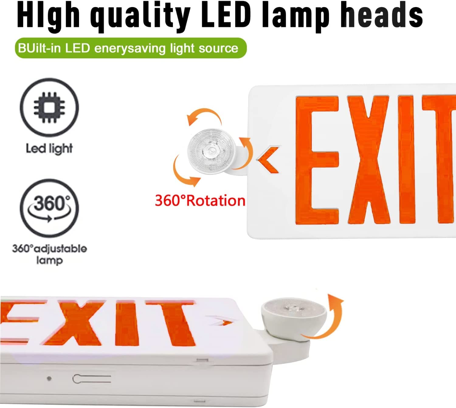 OSTEK Red LED Exit Sign with Emergency Lights，Two LED Adjustable Head Emergency Exit Lights with Battery Backup, Dual LED Lamp ABS Fire Resistance UL-Listed 120-277V
