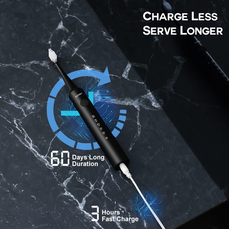 TETHBY Electric Toothbrush with 4 Toothbrush Heads,Sonic Rechargeable Toothbrushes 5 Optional Modes,IPX7 Whitening Electric Tooth Brushes 4 Hours Charge for 30 Days,Tooth Brushes 2-Minute Timer, Black