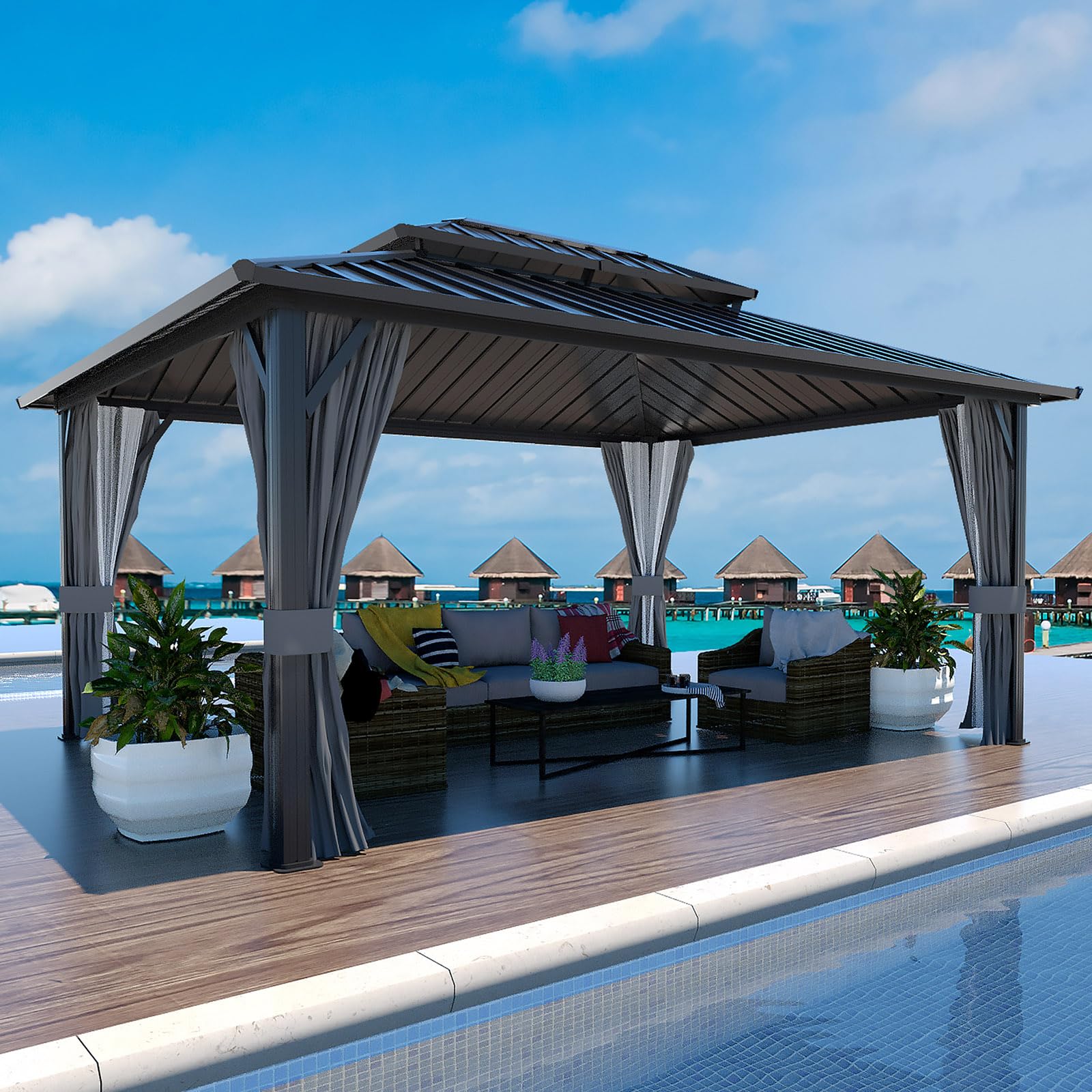 MUPATER 12x14FT Outdoor Galvanized Steel Gazebo with Double Roof Canopy, Aluminum Frame, Netting and Curtains for Patios, Deck, Lawns, Gardens