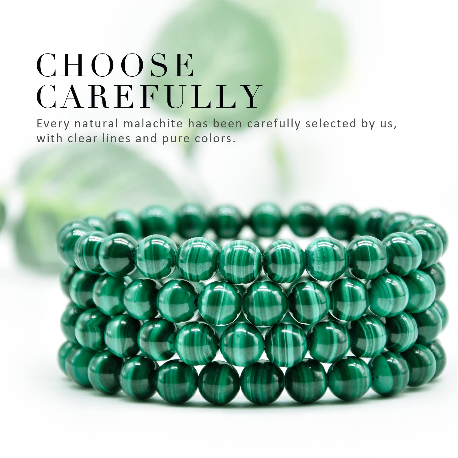 Rose&Poem Natural Malachite Bracelet, Handmade Gemstone Beaded Stretch Bracelets, 8mm Crystal Beads Semi-Precious Jewelry