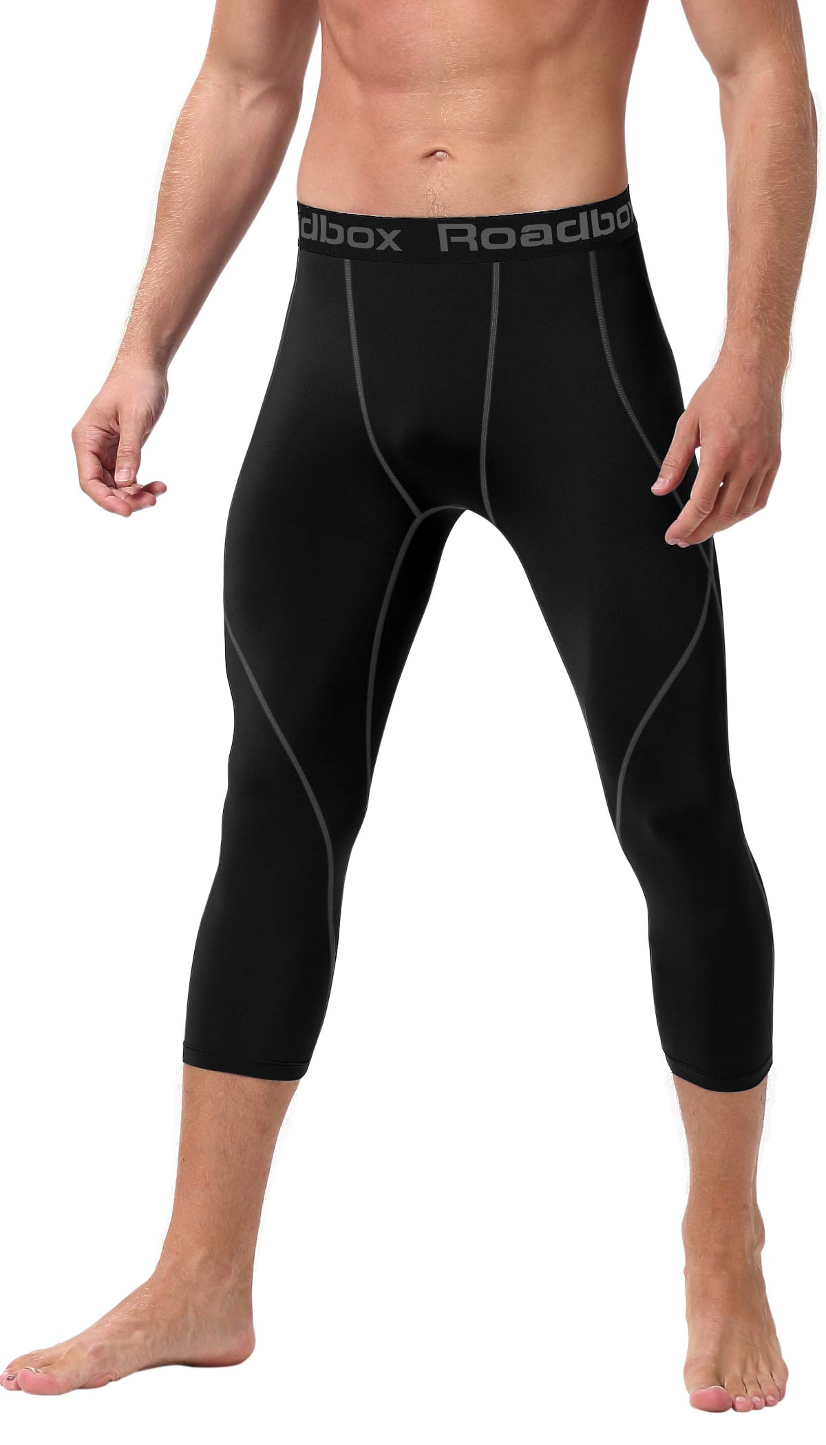 Roadbox Mens 3/4 Compression Pants with Pockets Running Workout Baseketball Base Layer Legging Tights