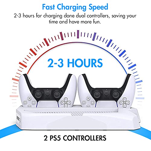 Playstation 5 Charging Station with Cooling Fan, Vertical Solid Stand Ps5 Console. Two Controllers Charger Station with Charging Indicator, Retractable Game Slot, White