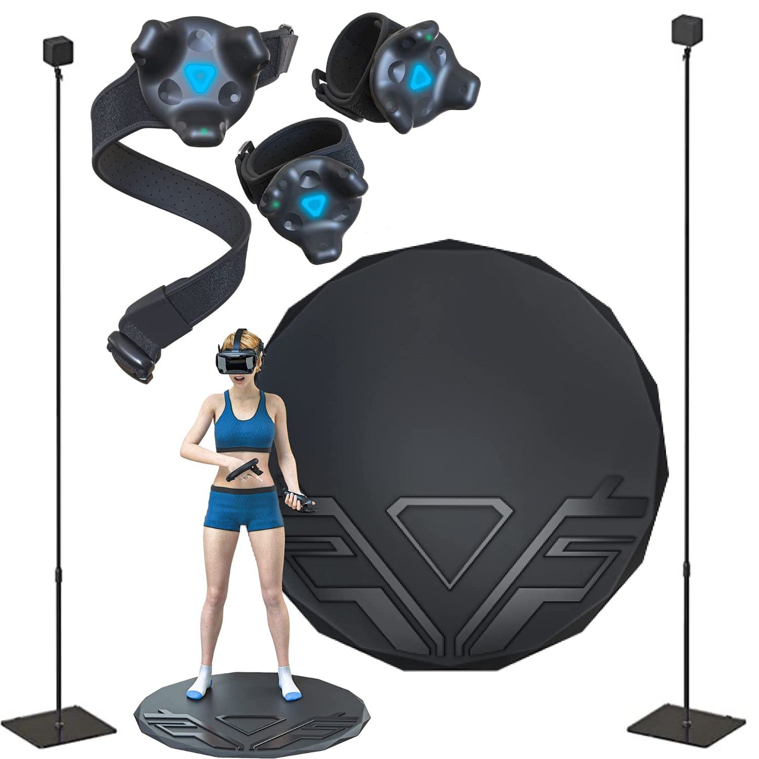 Skywin VR Tracker Belt, and Strap + VR Mat Round + VR Glass Stand Bundle Compatible for HTC Vive Systems (1 Belt, 2 Hand Straps, 1 Mat, 1 Glass Stand)
