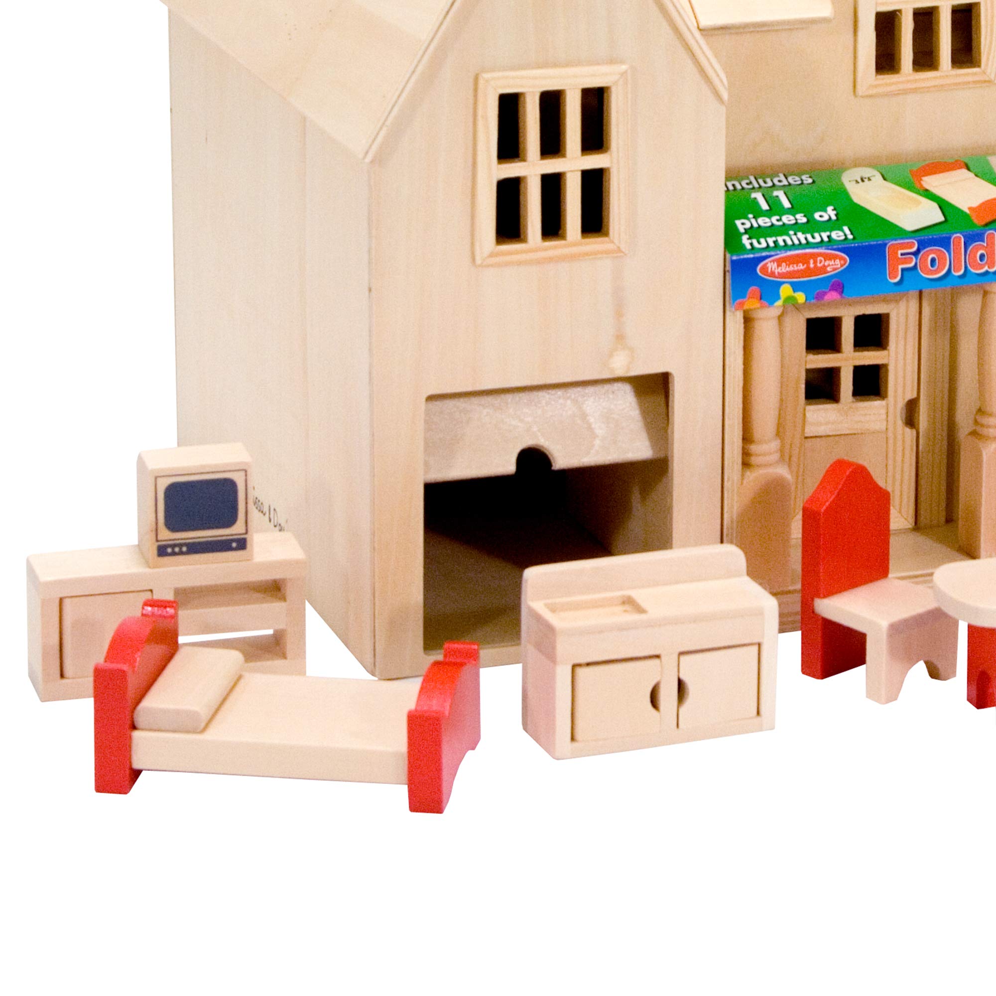 Melissa & Doug Fold & Go Wooden Dollhouse With 2 Play Figures and 11 Pieces of Furniture