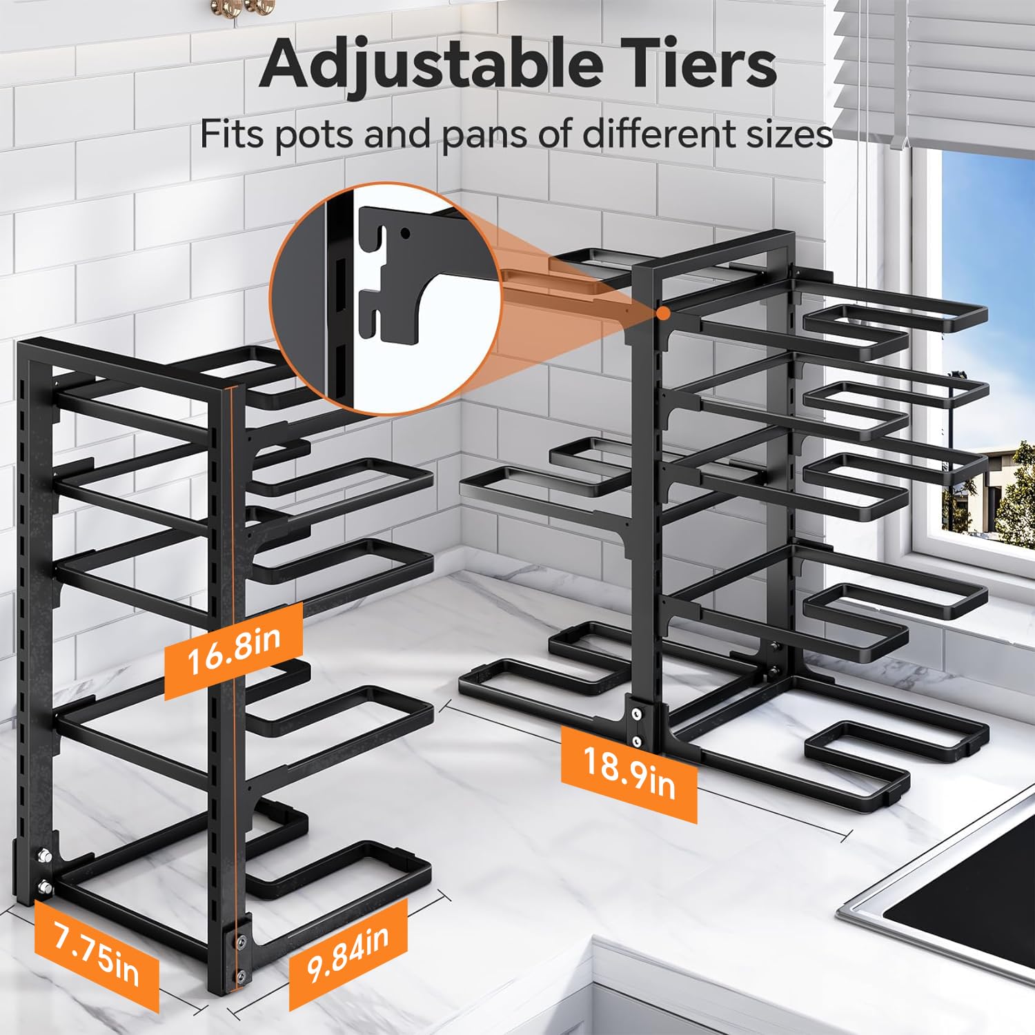 Pots and Pans Organizer, 8 Tier Pan Organizer Rack for Cabinet,Heavy Duty Pot and Pan Organizer for Under Cabinet, Adjustable Pan Lid Holder for Kitchen Pantry to Store Dutch Ovens, Cast-Iron Pans