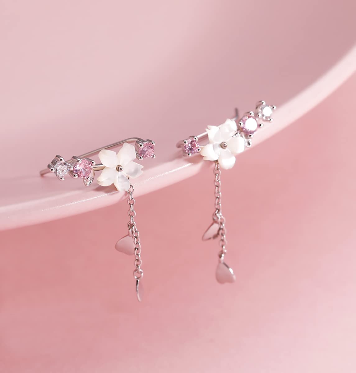 Reffeer Solid 925 Sterling Silver CZ Flower Crawler Earrings Wrap for Women Teens Dainty Flower Climber Earrings Cuff Dangle Chain
