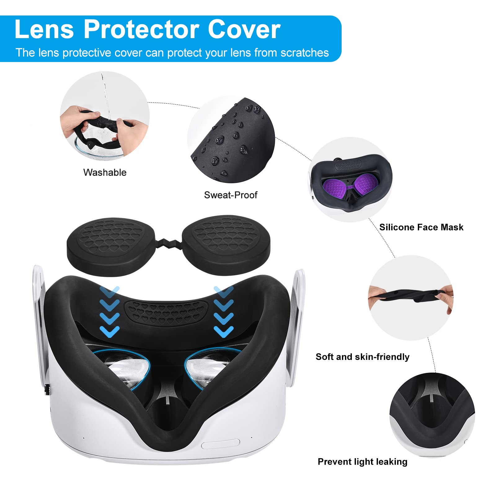VR Silicone Cover Accessories for Quest 2, Silicone Face Cover, VR Shell Cover, Lens Protector, Cloth Eye Mask Cover, Touch Controller Grip Covers with Adjustable Strap, Protect Your Quest 2 in 1 Set