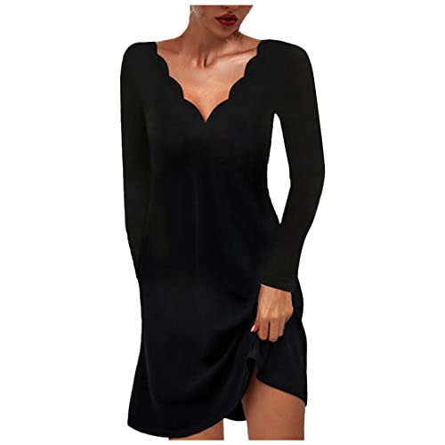 Pinkpaopao Elegant V Neck Black Dress for Women Long Sleeve Solid Color Loose Shift Dress Plain Flowy Short Dress