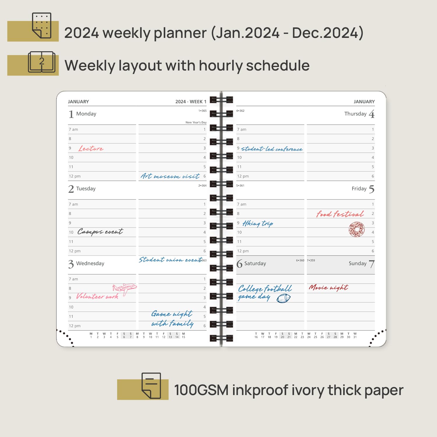 POPRUN 2024 Weekly Planner Spiral Bound - Hourly Schedule & Vertical Weekly Layout - 2024 Planner for Time Management,6.5" x 8.5"- Monthly Tabs, Pen Holder, Leather Soft Cover - Green