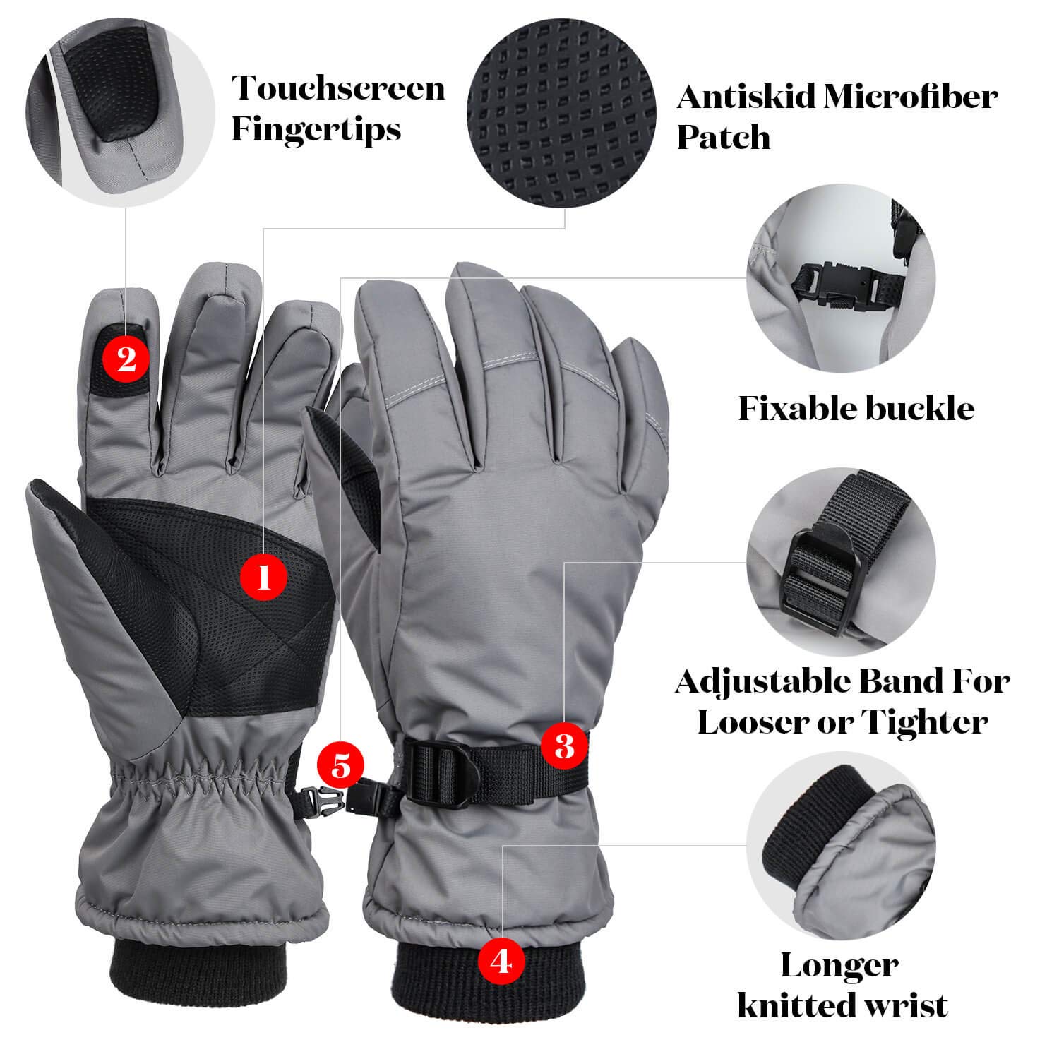 OZERO Snow Ski Gloves Waterproof Touchscreen Winter Thermal for Snowmobile/Motorcycle Riding/Work for Men and Women Small Grey