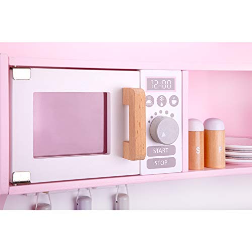 New Classic Toys Wooden Pretend Toy Kitchen for Kids Role Play Included Accessoires Pink Colored - Makes Sound