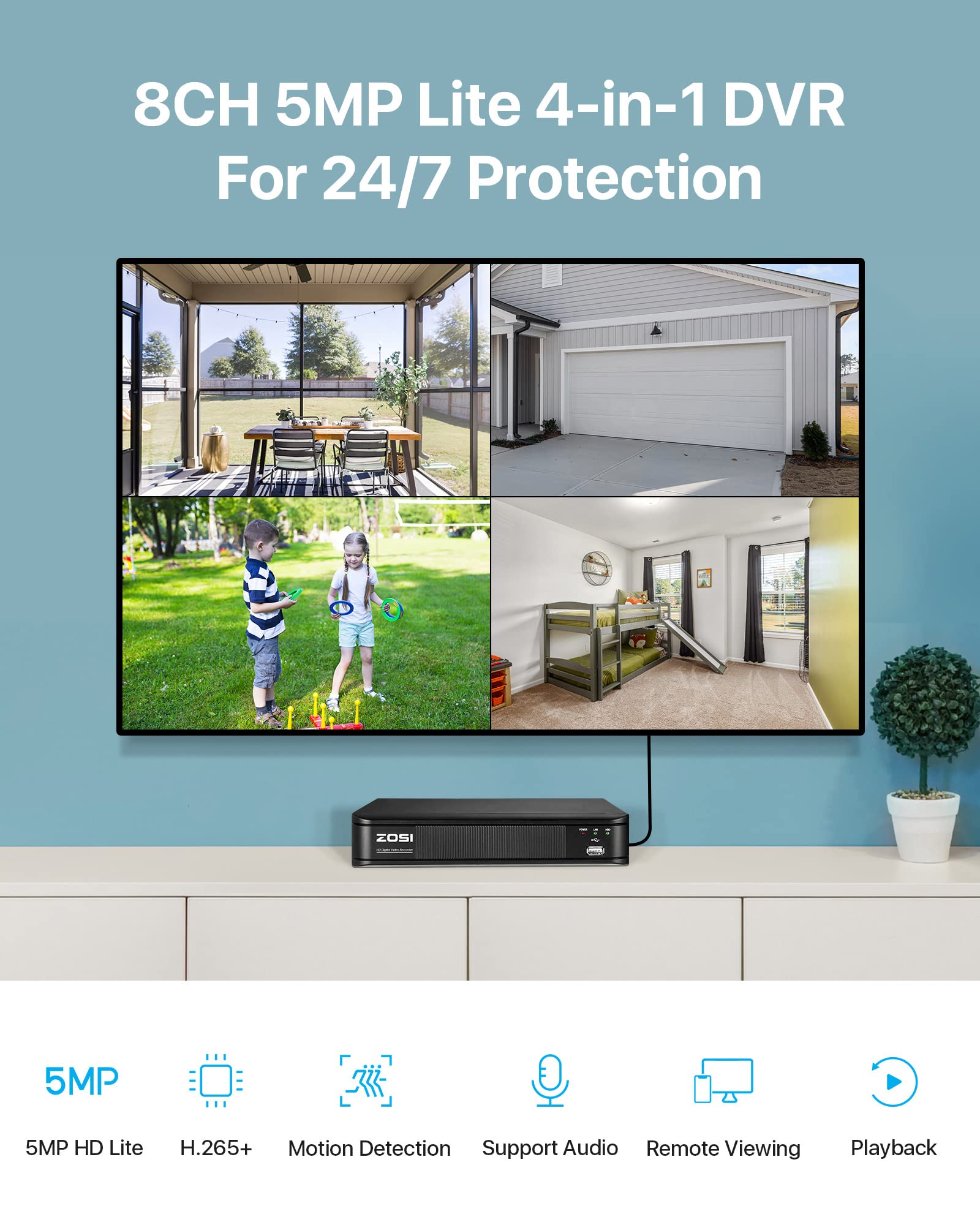 ZOSI H.265+1080p Home Security Camera System,8 Channel 5MP-Lite CCTV DVR with 4 x 1080P Weatherproof Surveillance Bullet Camera Outdoor/Indoor with 80ft Night Vision,Remote Access, Motion Alerts