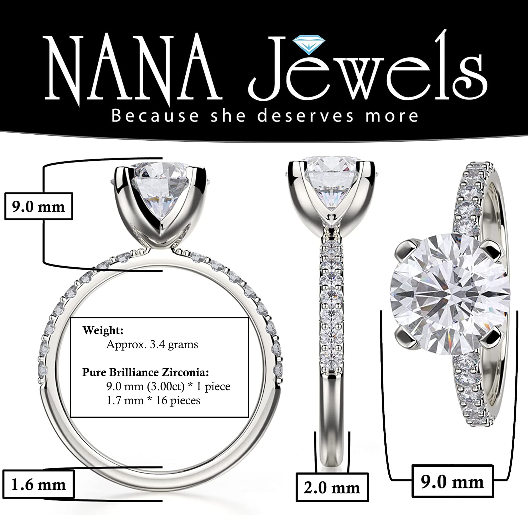 NANA Jewels Round 3.00ct Simulated Diamond Zirconia Engagement Ring Round Cut Solitaire in Silver with 7 Size