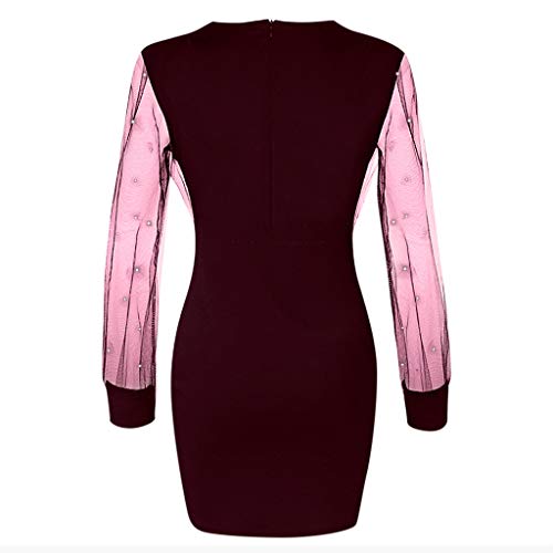 Pinkpaopao Pearl Mesh Elegant Dress for Women Lace Long Sleev V Neck Solid Color Slim Wrap Dress