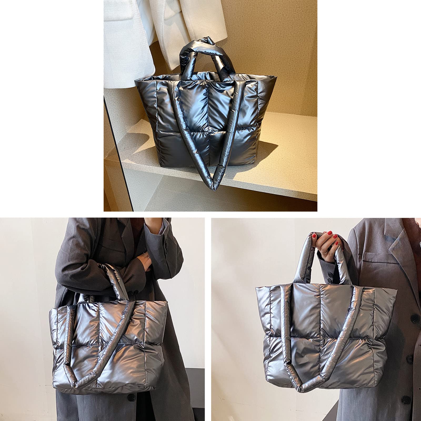 Soft Puffer Tote Bag Puffy Quilted Tote Bag For Women Winter Lightweight Down Cotton Padded Puffer Purse Trendy Luxury Silver One Size