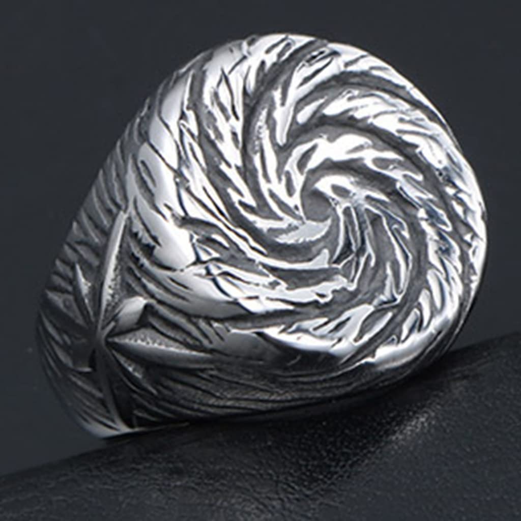 Retro Vintage Stainless Steel Round Signet Thunder Storm Spiral Vortex Wave Style Biker Party Ring (Grey, 9)