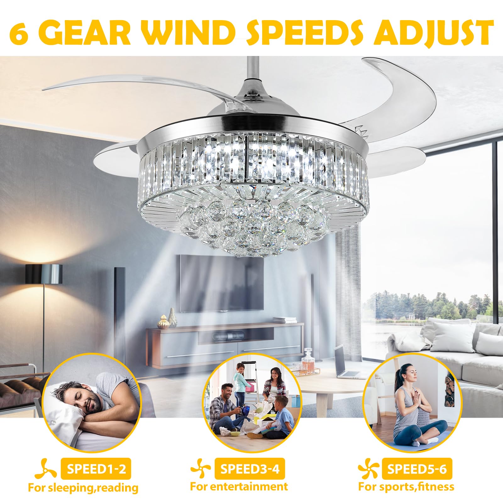 Panghuhu88 36" Invisible Ceiling Fan Chandelier Light,Modern Crystal Ceiling Fan Light Remote Control 4 Retractable ABS Blades for Bedroom Living Room Dining Room Decoration (Silver)