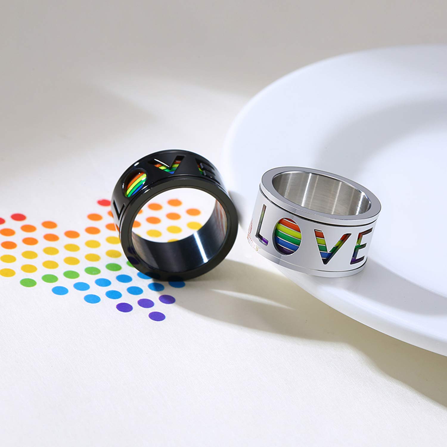Nanafast Stainless Steel Love Enamel Rainbow LGBT Pride Rings Gay & Lesbian Spinner Ring Wedding Bands Size 8