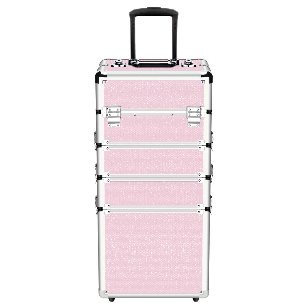 OUDMAY Makeup Case - 4 in 1 Professional Cosmetics Rolling Train Organizer with Aluminum Frame and Folding Trays Pink Diamonds