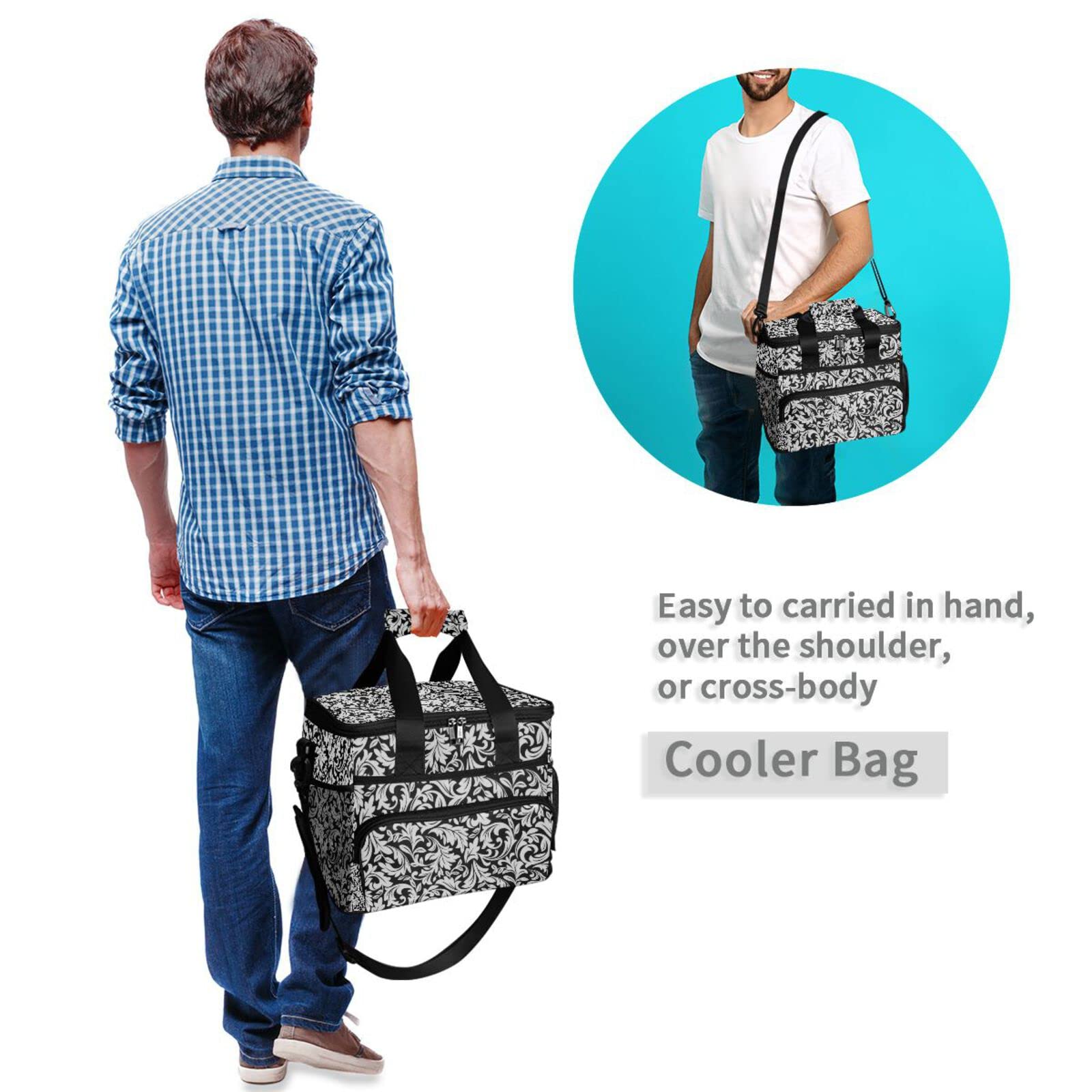 Seamless Gold Baroque, Damask Floral Pattern in Black White Style Insulated Leak proof Cooler Large Capacity Lunch Bag with Adjustable Shoulder Strap for Camping Picnic Reusable Cooler Bag
