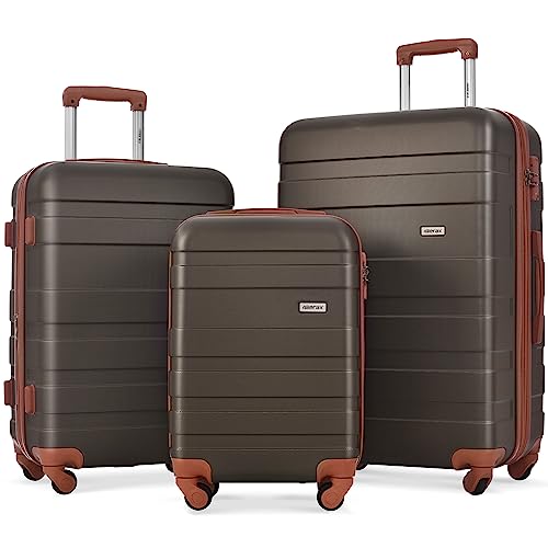 Merax 3 Piece Expandable ABS Hardshell Luggage Sets Spinner Wheel Suitcase TSA Lock Suit Case, Brown, 20/24/28 Inch