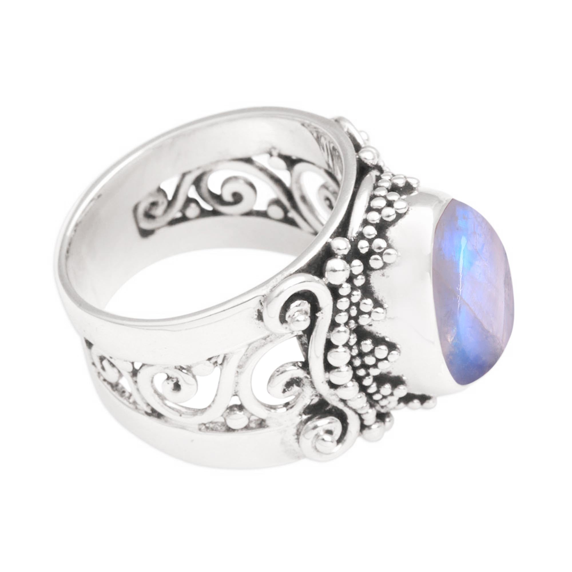 NOVICA Artisan Handmade Rainbow Moonstone Cocktail Ring Sterling Silver Single Clear Indonesia Gemstone [crownbezel 0.7 in H x 0.6 in W x 0.3 in D Band Width 8 mm W] ' Glorious Vines'