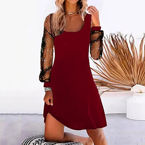 Pinkpaopao Women's Solid Color Shift Dress Scoop Neck Loose Minid Dress Mesh Long Sleeve Party Dress