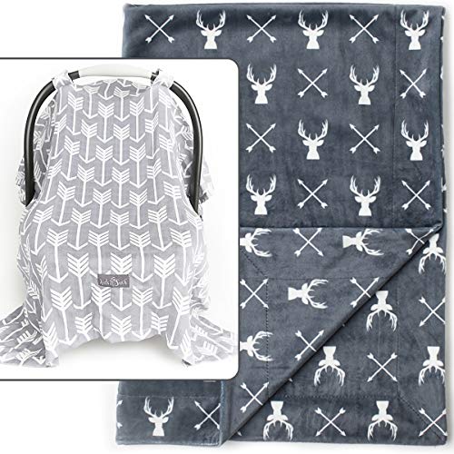 Muslin Carseat Canopy - Grey Arrow and Minky Blanket - Deer Bundle