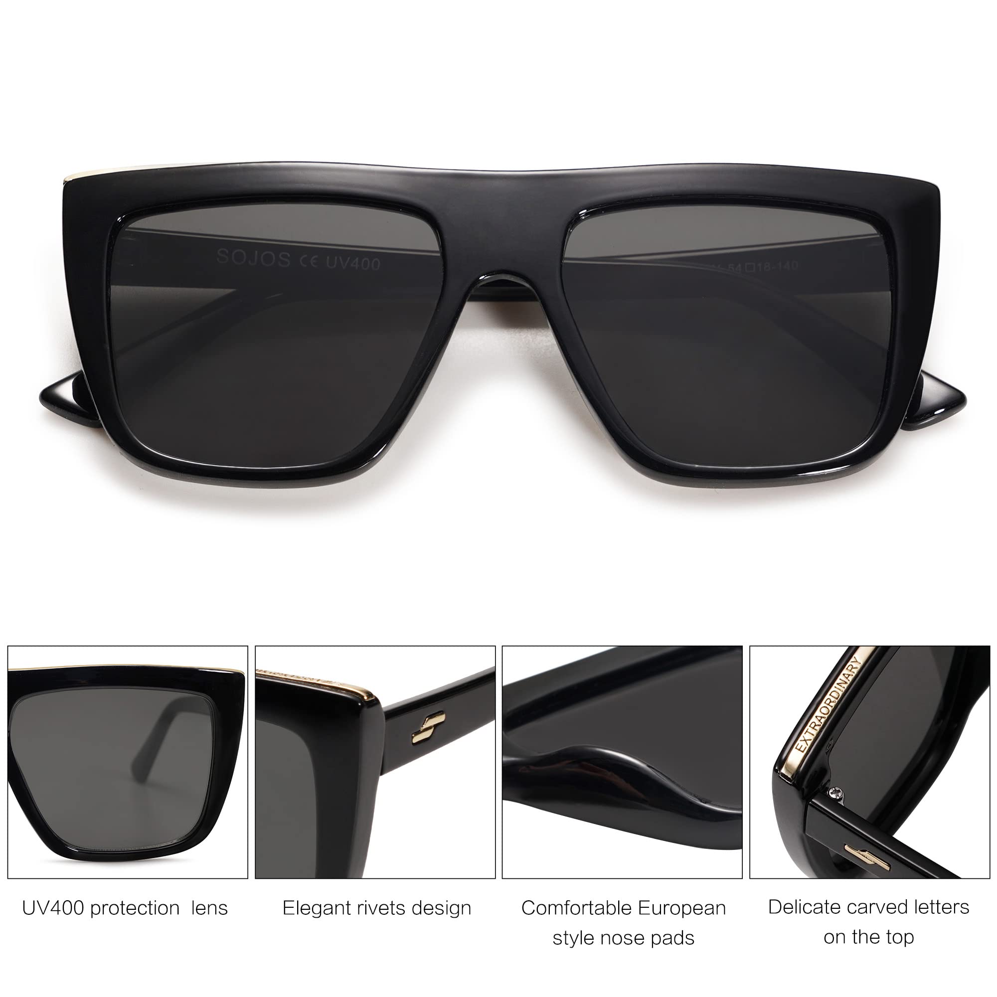 SOJOS Classic Trendy Flat Top Sunglasses for Women Men Designer UV400 Sunnies SJ2250, Black/Grey