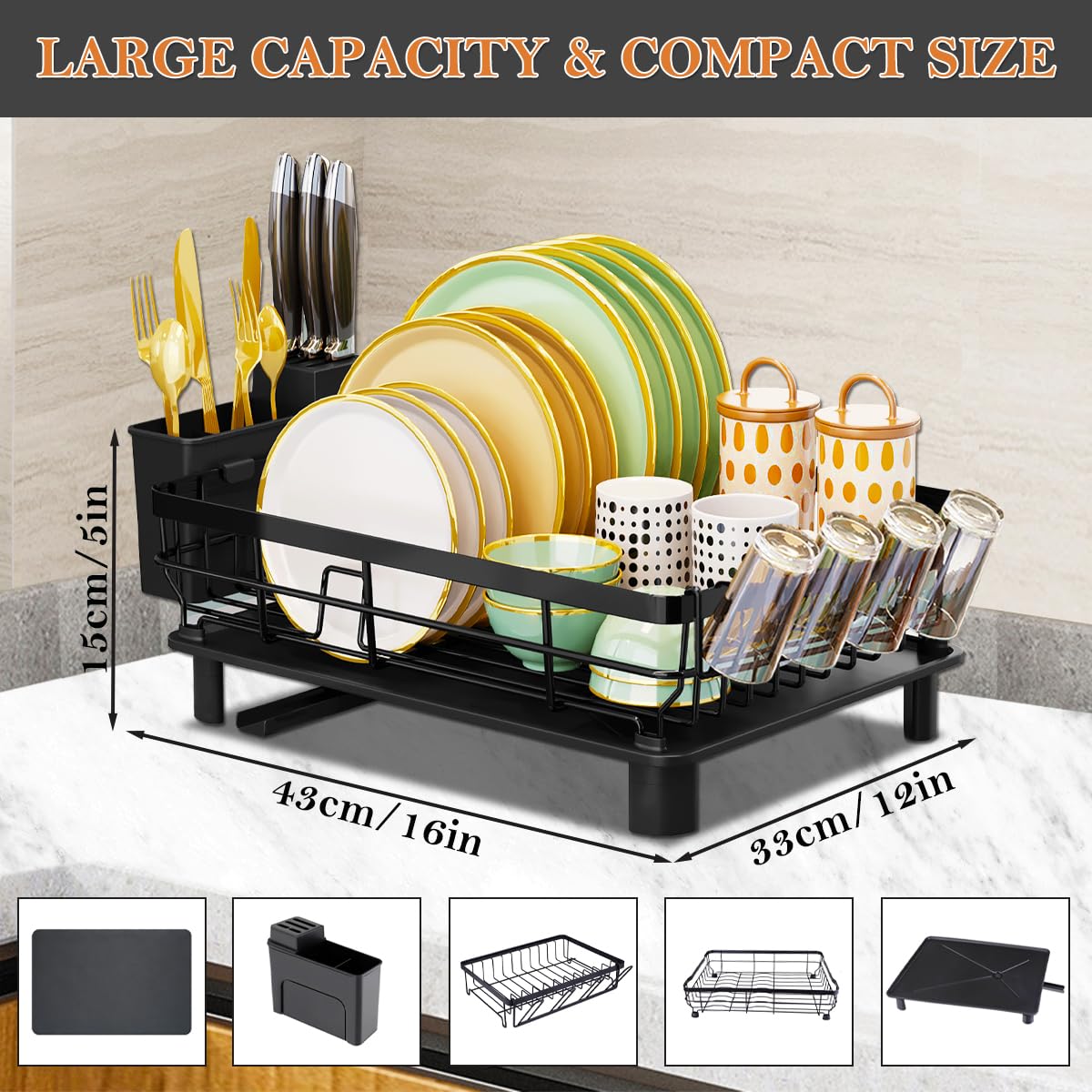 Mulaibdin Dish Drying Rack, 1-Tiers Dish Rack, Large Drying Rack for Kitchen Counter, Dish Drainers with Drainboard and Extra Dish Drying Mat, Dish Strainers for Kitchen Sink